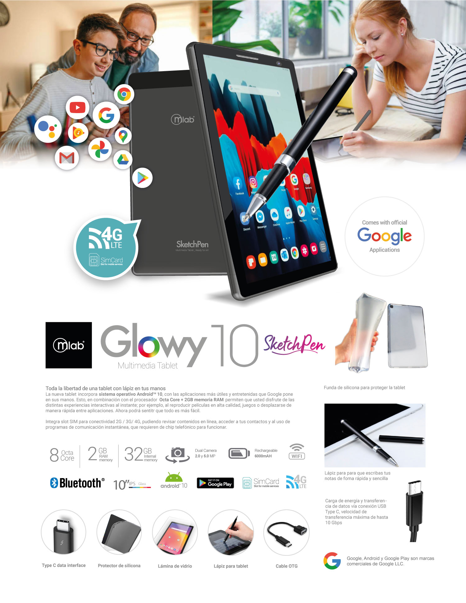 Part Number: 300MLB089902021 – Tablet GLOWY 10″ 4G LTE Sketch Pen – Microlab